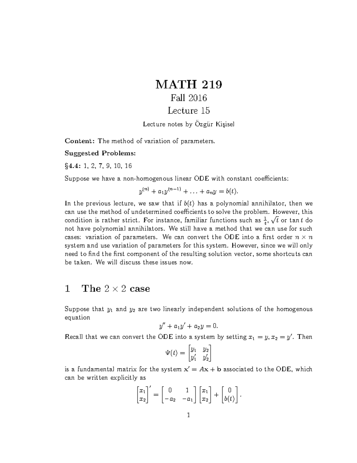 MATH219 Lecture 15 - MATH 219 Fall 2016 Lecture 15 ¨ ur Ki¸sisel ...