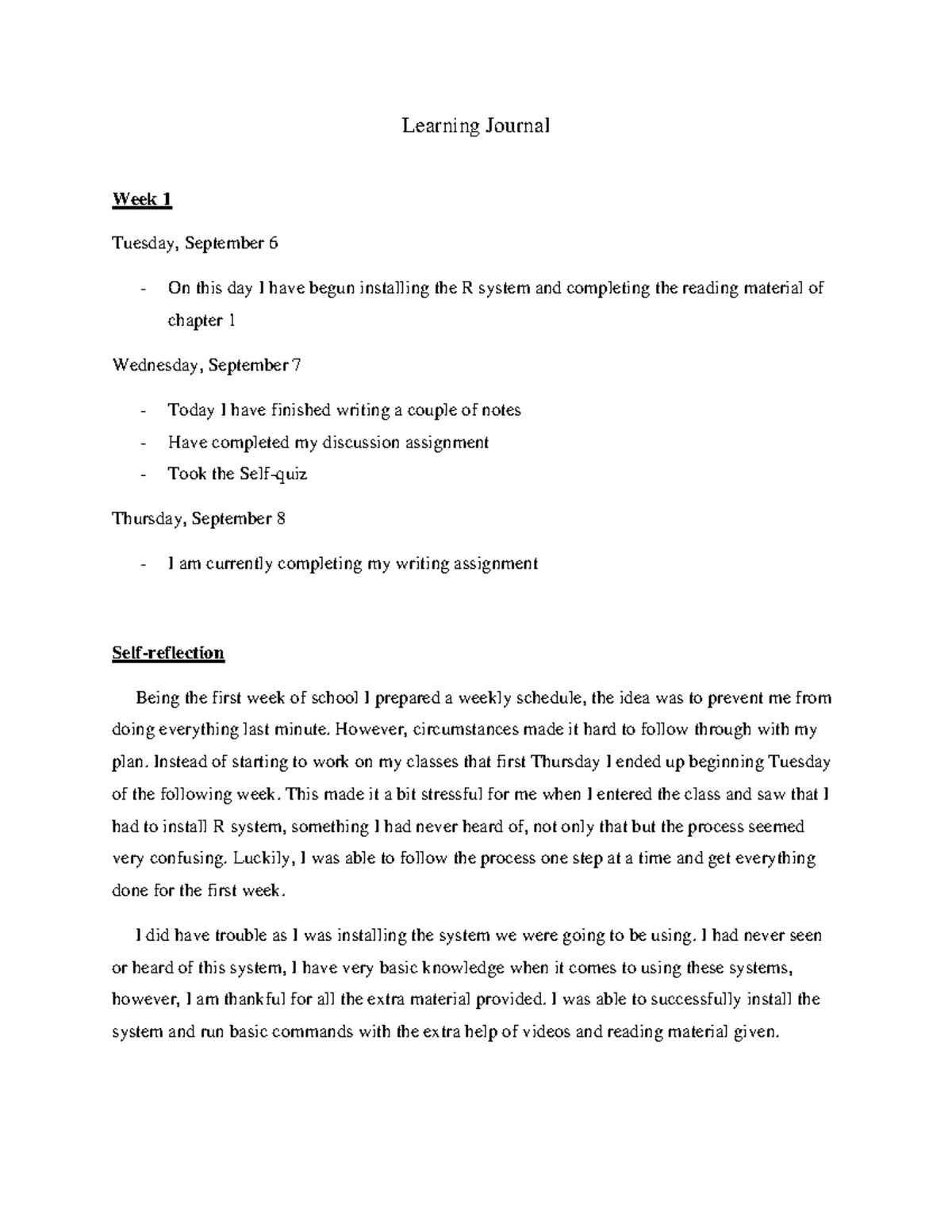 Learning Journal week 1 - Learning Journal Week 1 Tuesday, September 6 ...