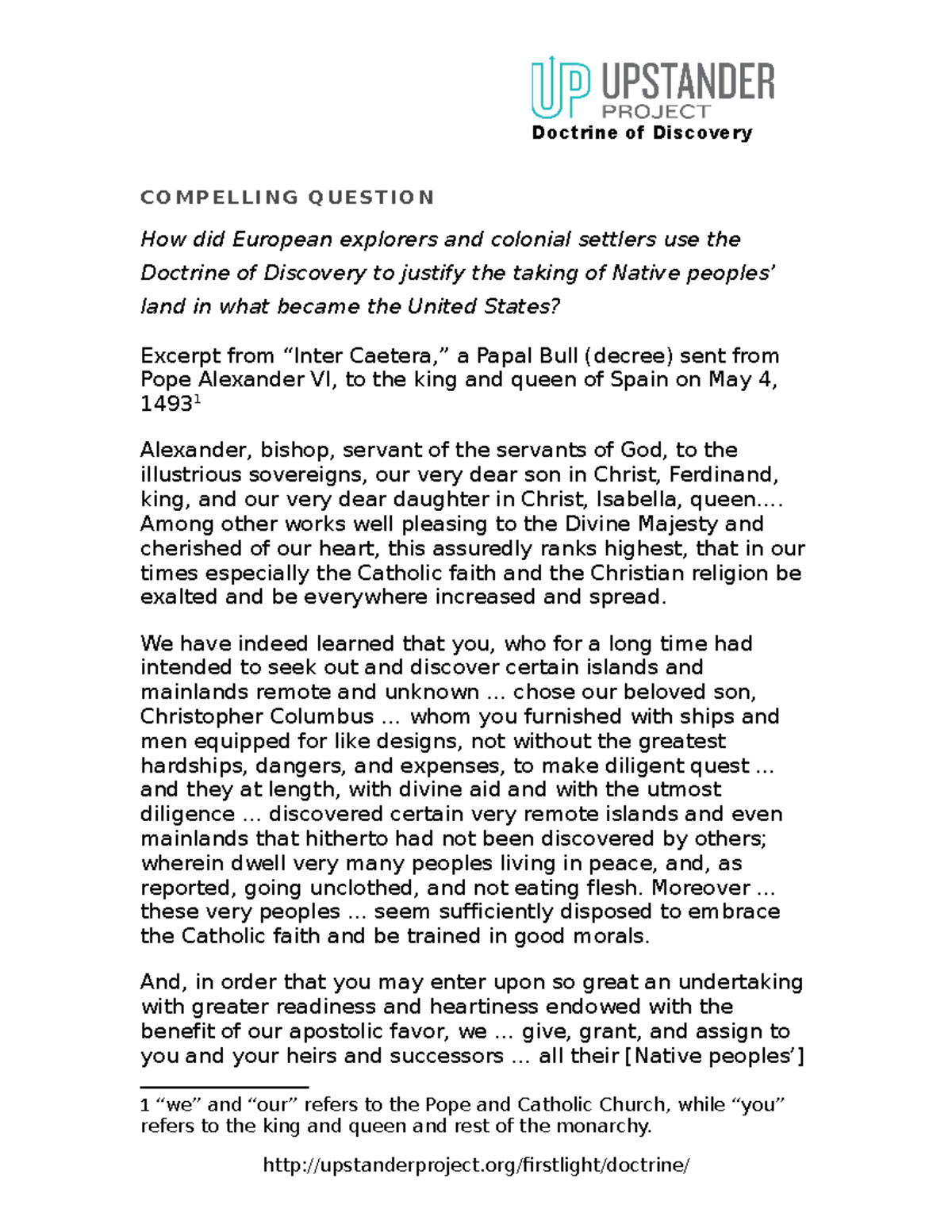 Do D+Inter+Caetera+ Excerpt+questions - Doctrine of Discovery C O M P E ...