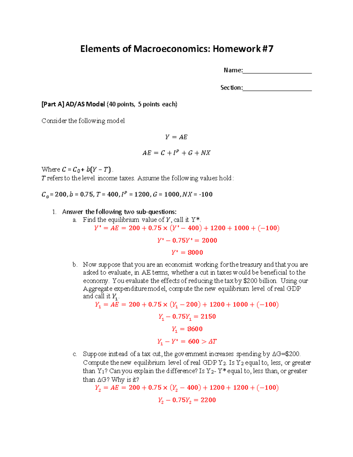 Macroeconomics Homework 7 - Elements of Macroeconomics: Homework Name