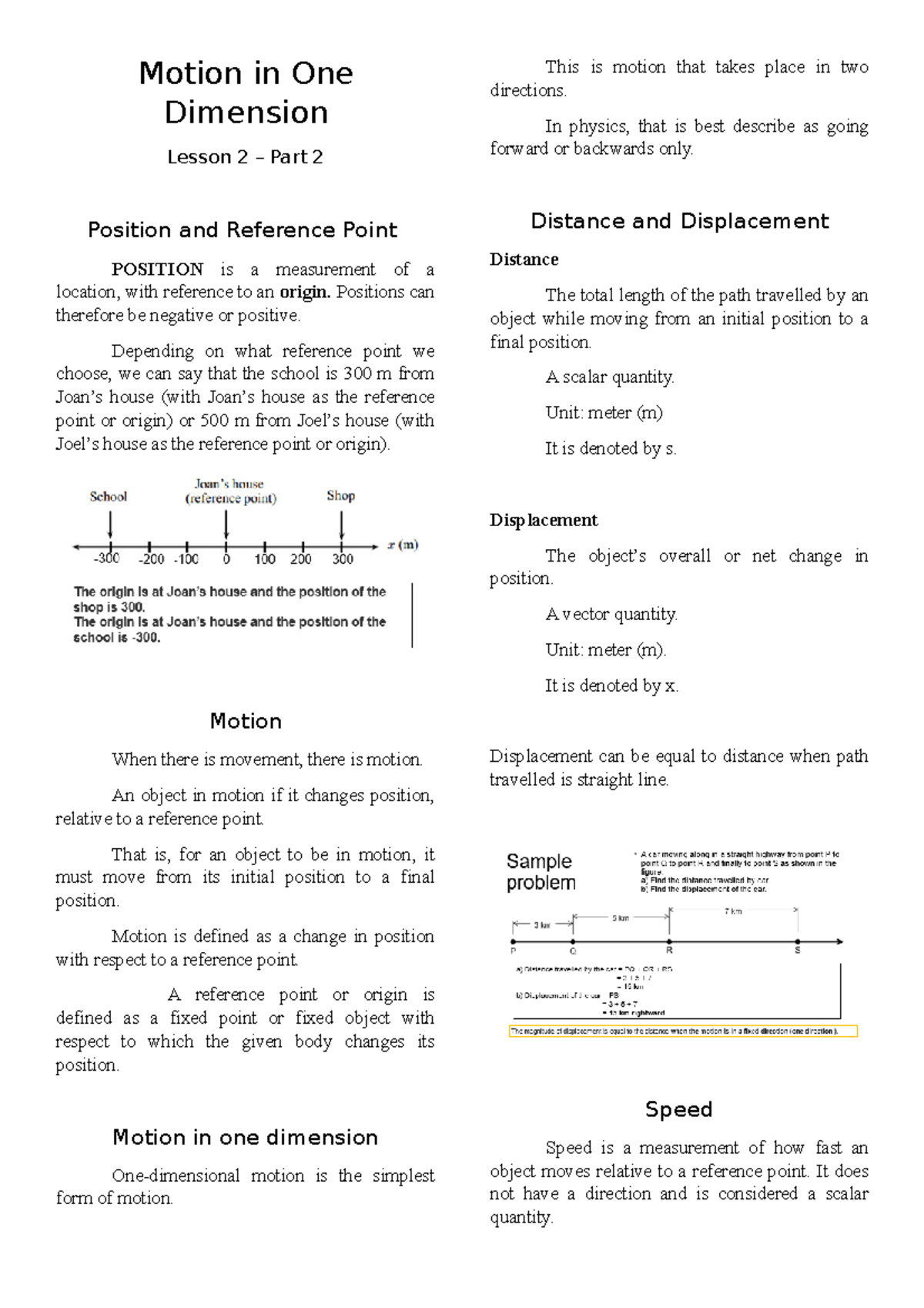 Lecture Motion in One Dimension - Motion in One Dimension Lesson 2 – Part 2 Position and ...