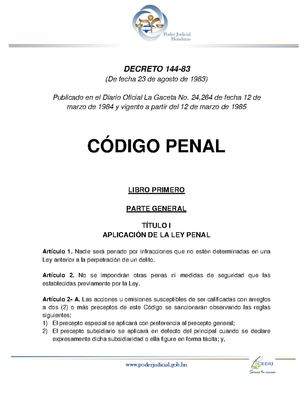 Código Penal de la República de Honduras - DECRETO 144- (De fecha 23 de ...