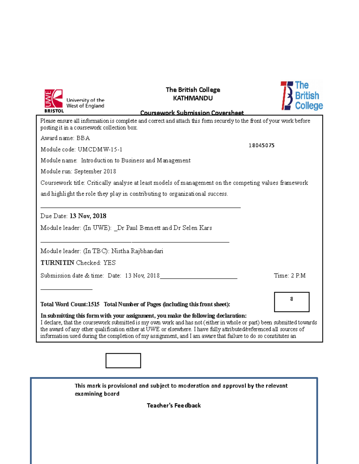 ITBM management report 18045075.Docx - The Briish CollegeKATHMANDU ...