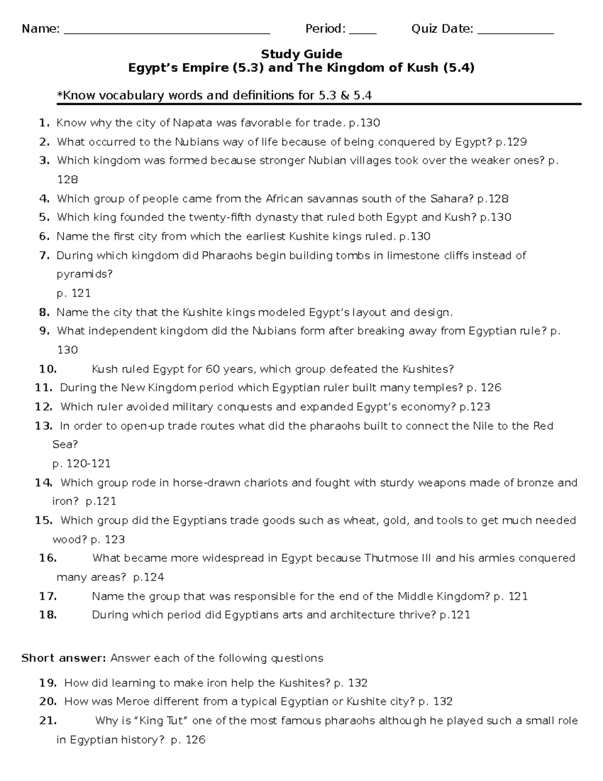 5.3 5.4 Focus Guide - Name: Period: Quiz Date: Study Guide Egypt’s ...