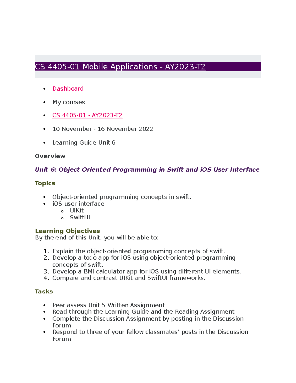 Learning Guide Unit 6- cs 4405 - CS 4405-01 Mobile Applications ...