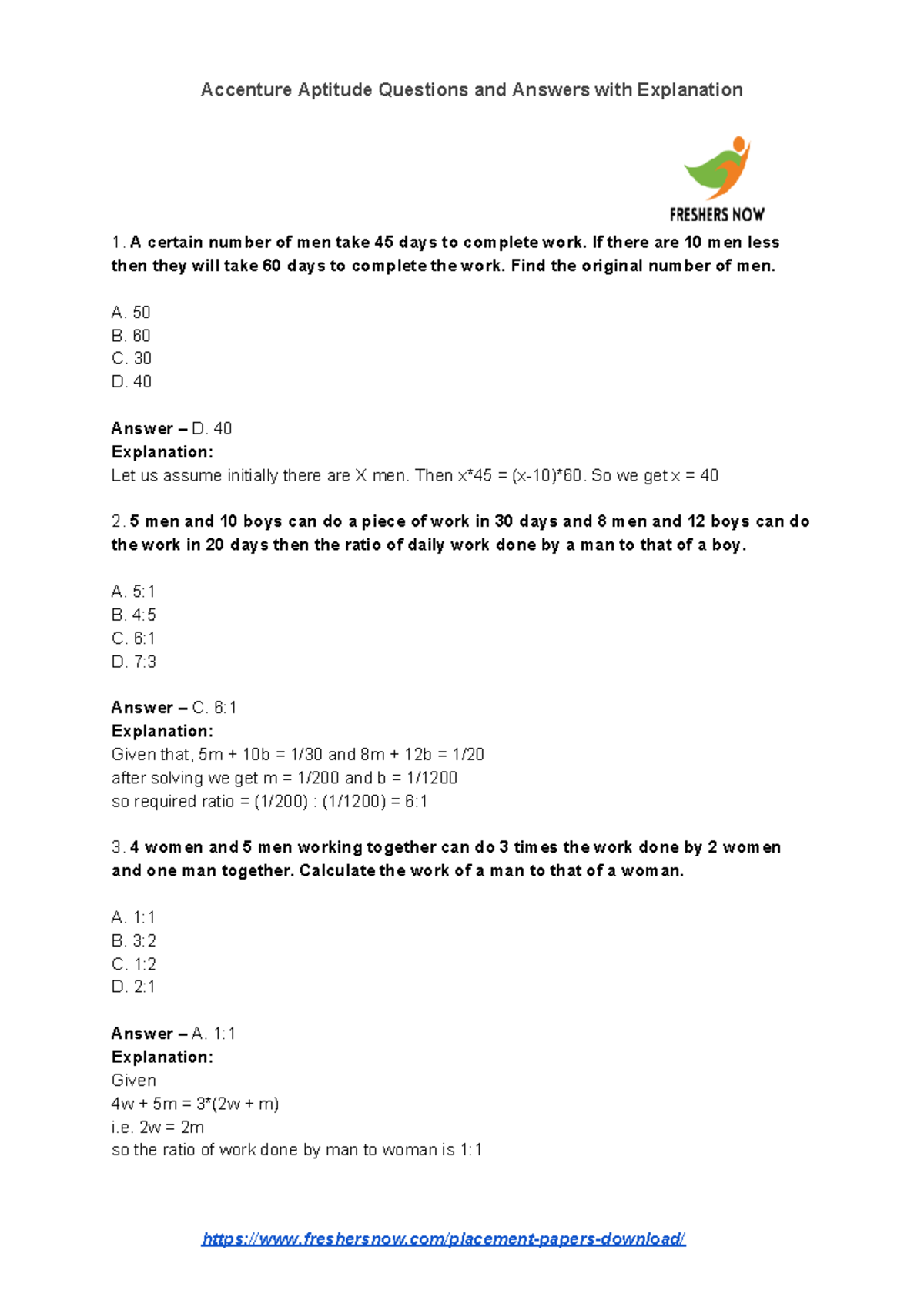Accenture Aptitude Questions and Answers - A certain number of men take ...