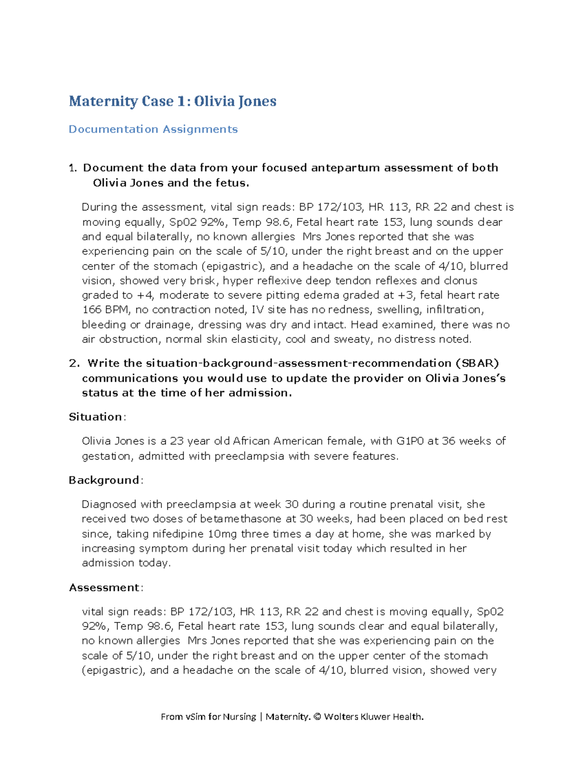 Olivia Jones DA wrd - Vsim lab - Maternity Case 1: Olivia Jones ...