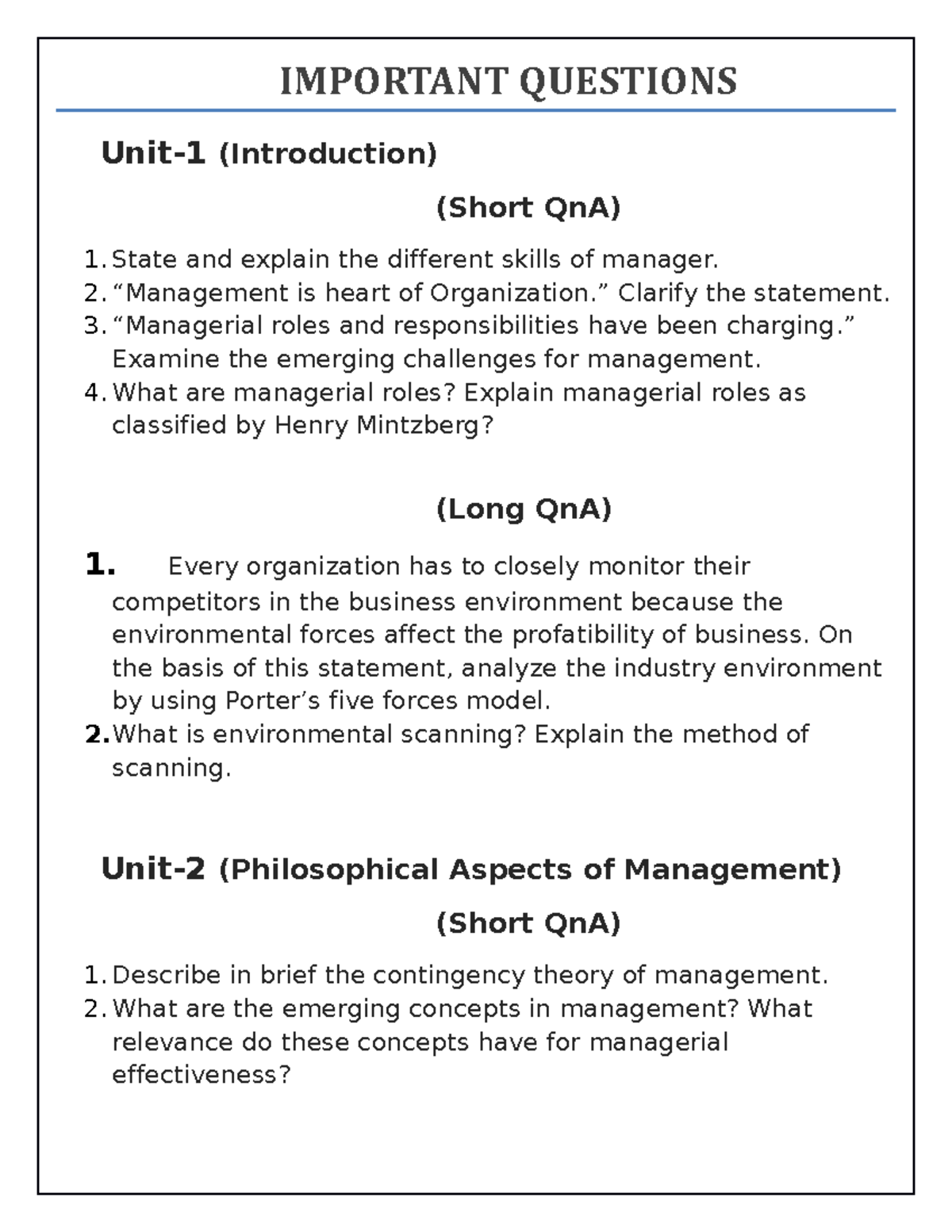 Imp Qn A(Fo BM) - Important questions - IMPORTANT QUESTIONS Unit-1 (Introduction) (Short QnA ...