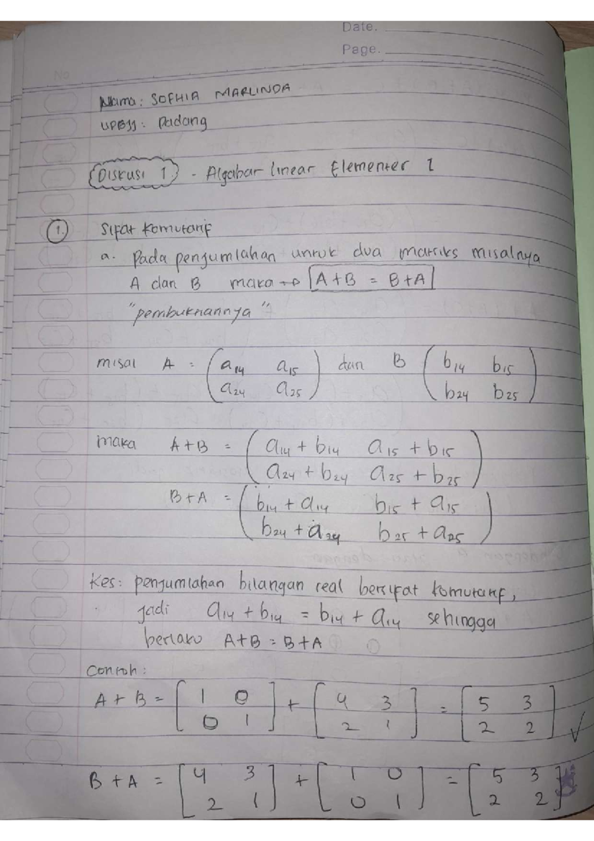Diskusi Sesi 1 Aljabar - Date. Page. Nama: SOFHIA MARLINDA UPBJJ ...