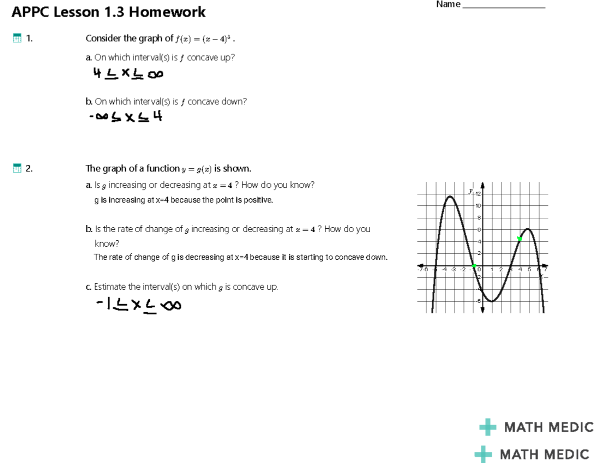 Lesson 1.3 HW - APPC Lesson 1 Homework Name ______________________ 1. a. b. 2. a. b. c. -7-7-6-6 ...