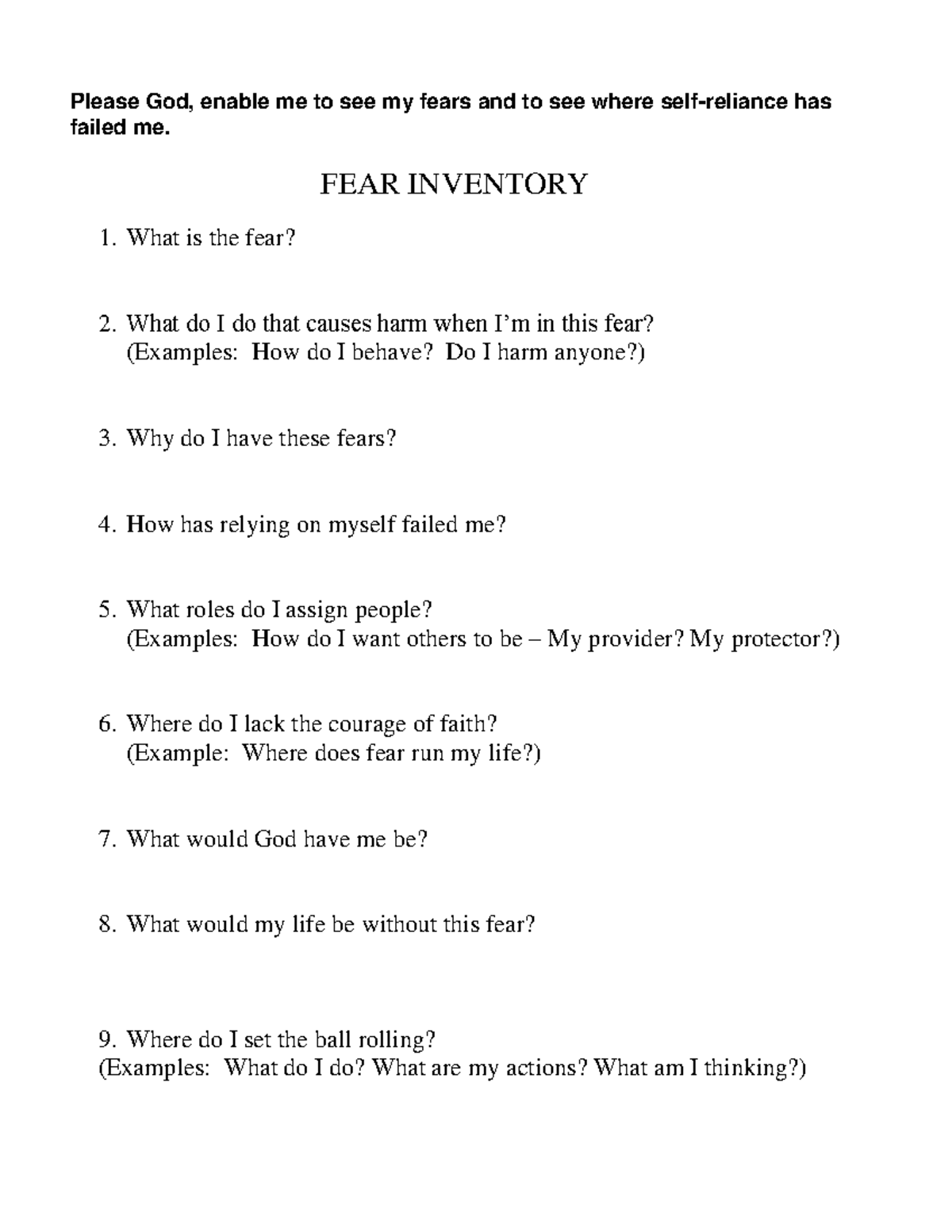 Fear Inventory - Please God, enable me to see my fears and to see where ...