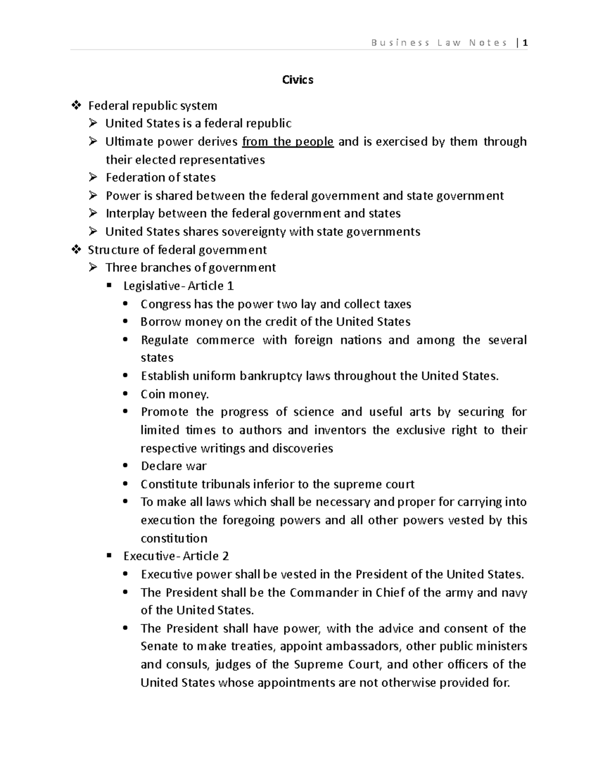 Civics notes - LEGL226 john wards class - B u s i n e s s L a w N o t e ...