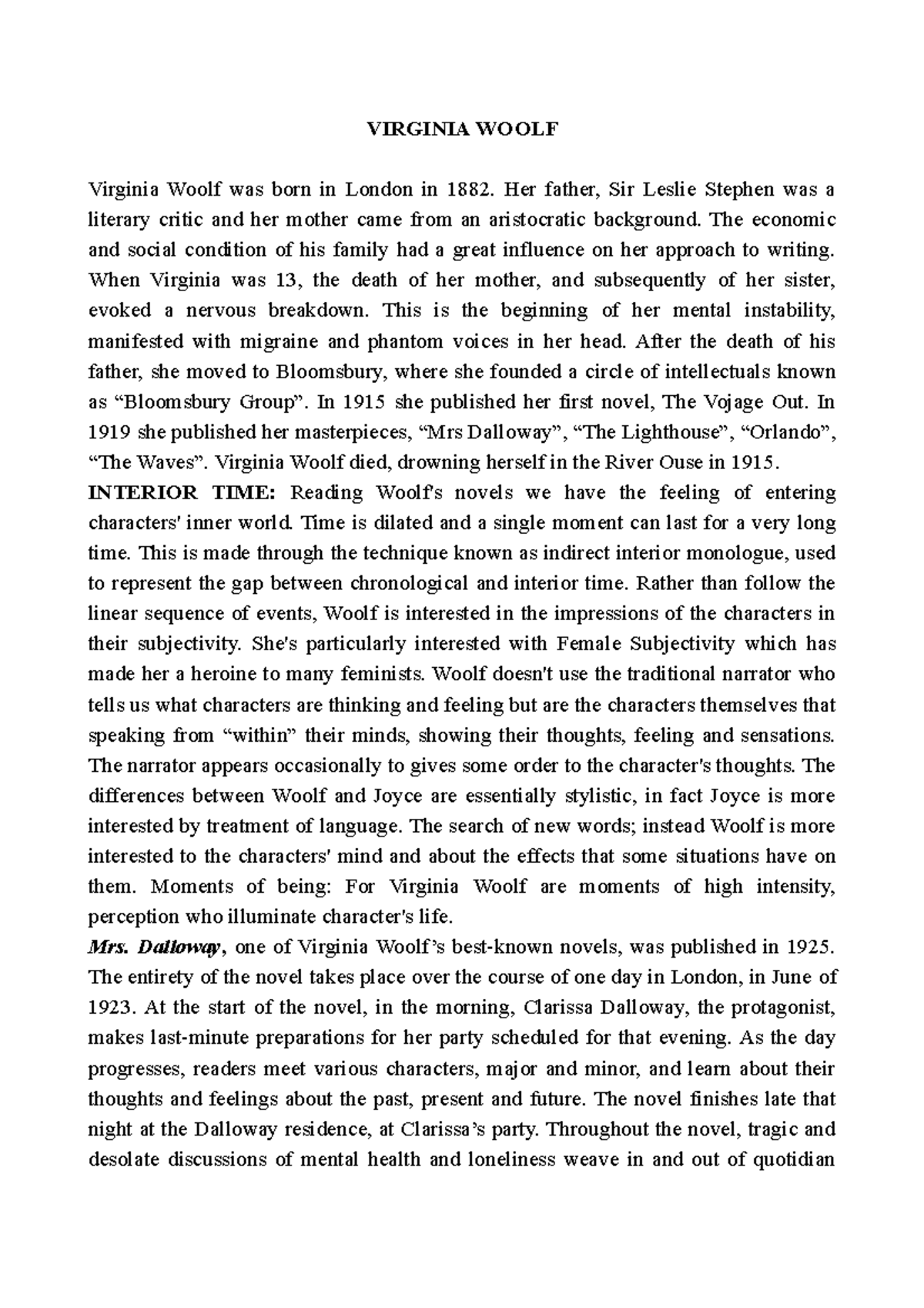 Virginia woolf - VIRGINIA WOOLF Virginia Woolf was born in London in ...