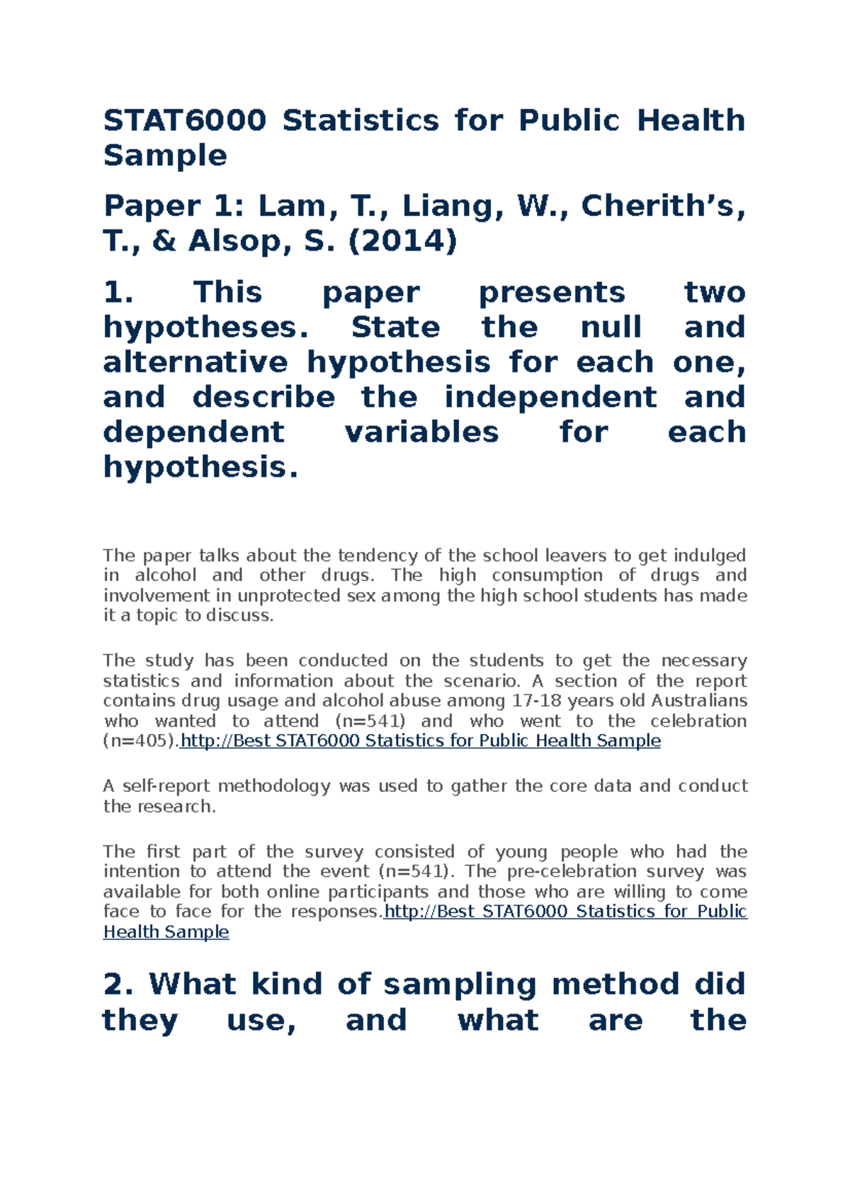 STAT6000 Statistics for Public Health Sample - STAT6000 Statistics for ...