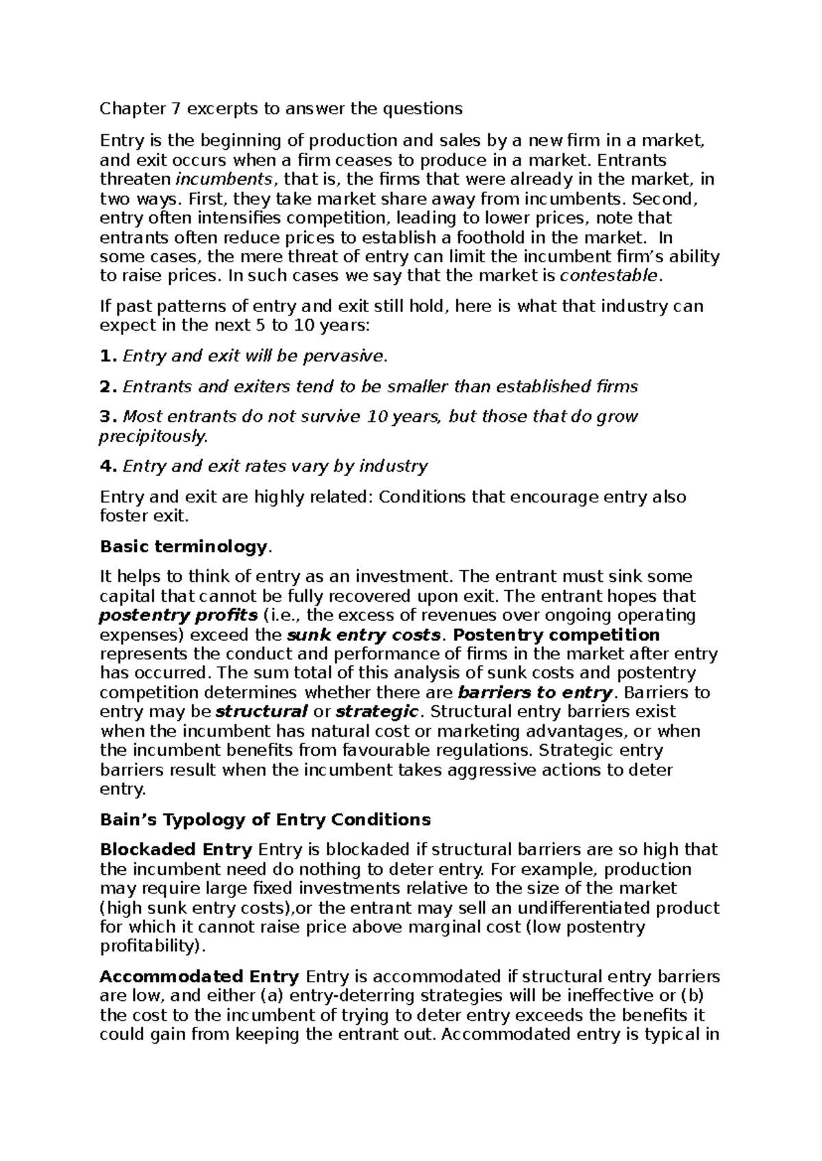 Entry and exit - Chapter 7 excerpts to answer the questions Entry is ...