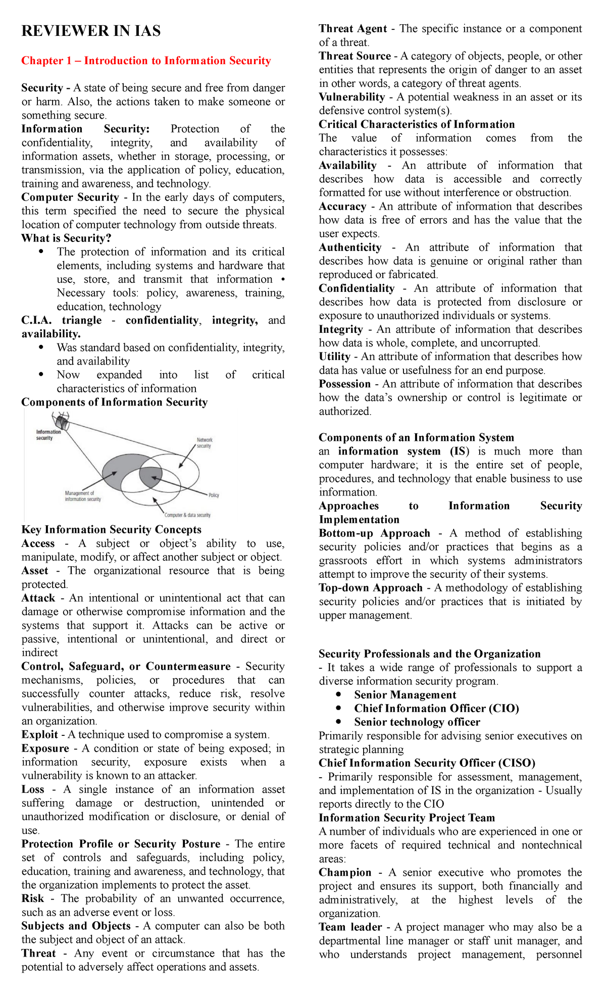 Information Assurance and Security REVIEWER - REVIEWER IN IAS Chapter 1 ...