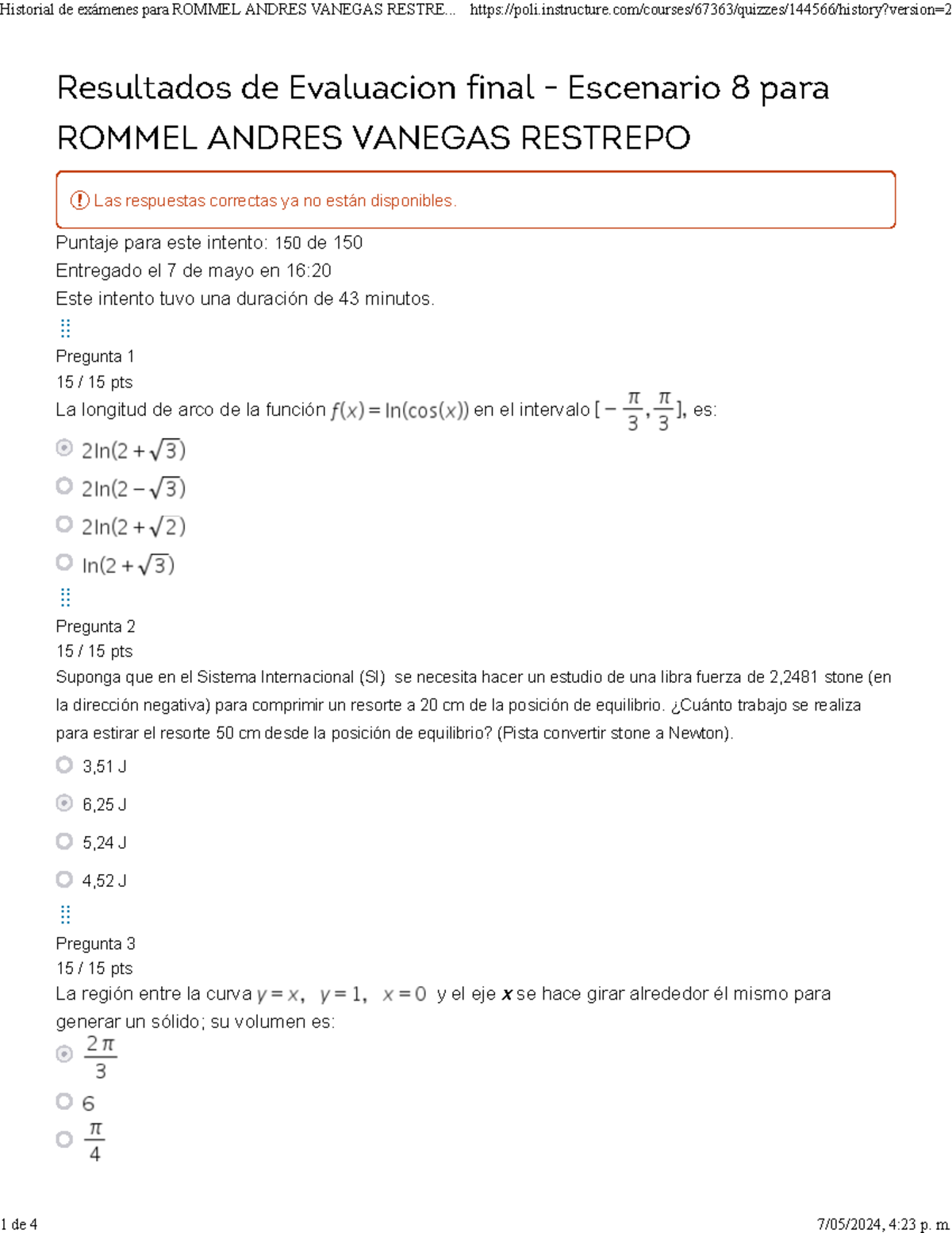 Historial de exámenes para Rommel Andres Vanegas Restrepo Evaluacion ...