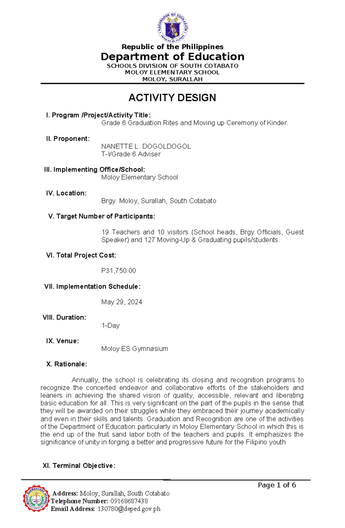 Graduation Activity Design 2 Moloy - Department of Education SCHOOLS ...
