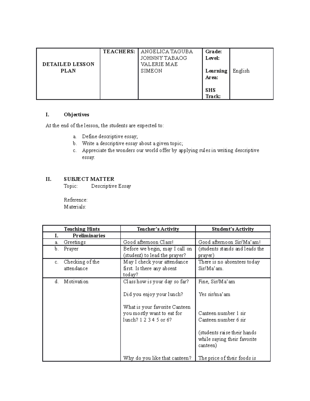 Objective 1 - this serve as a lecture - DETAILED LESSON PLAN TEACHERS ...