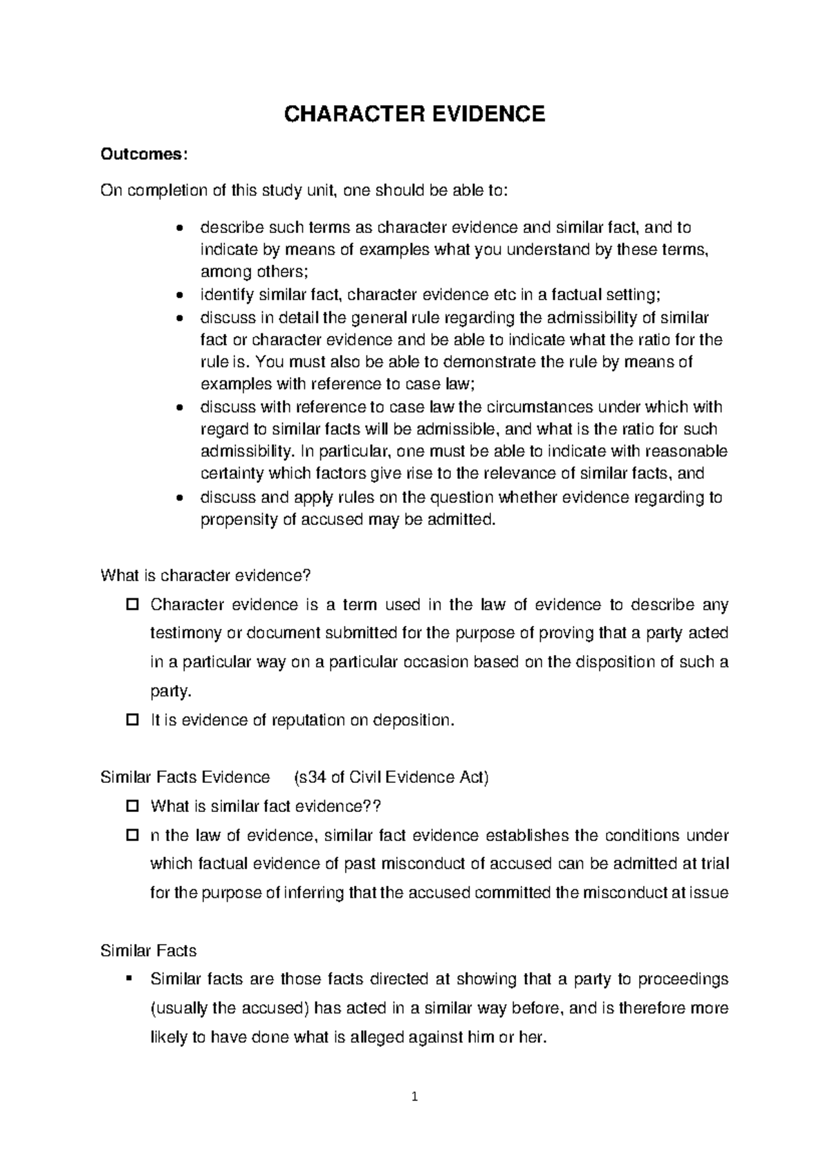 Character Evidence - CHARACTER EVIDENCE Outcomes: On completion of this ...