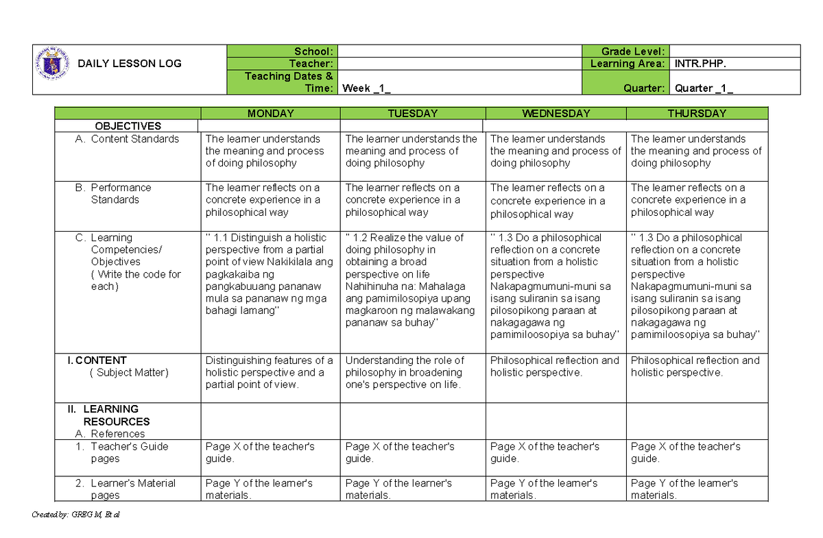 INTRO TO PHILO DLL WEEK 1 - DAILY LESSON LOG School: Grade Level ...