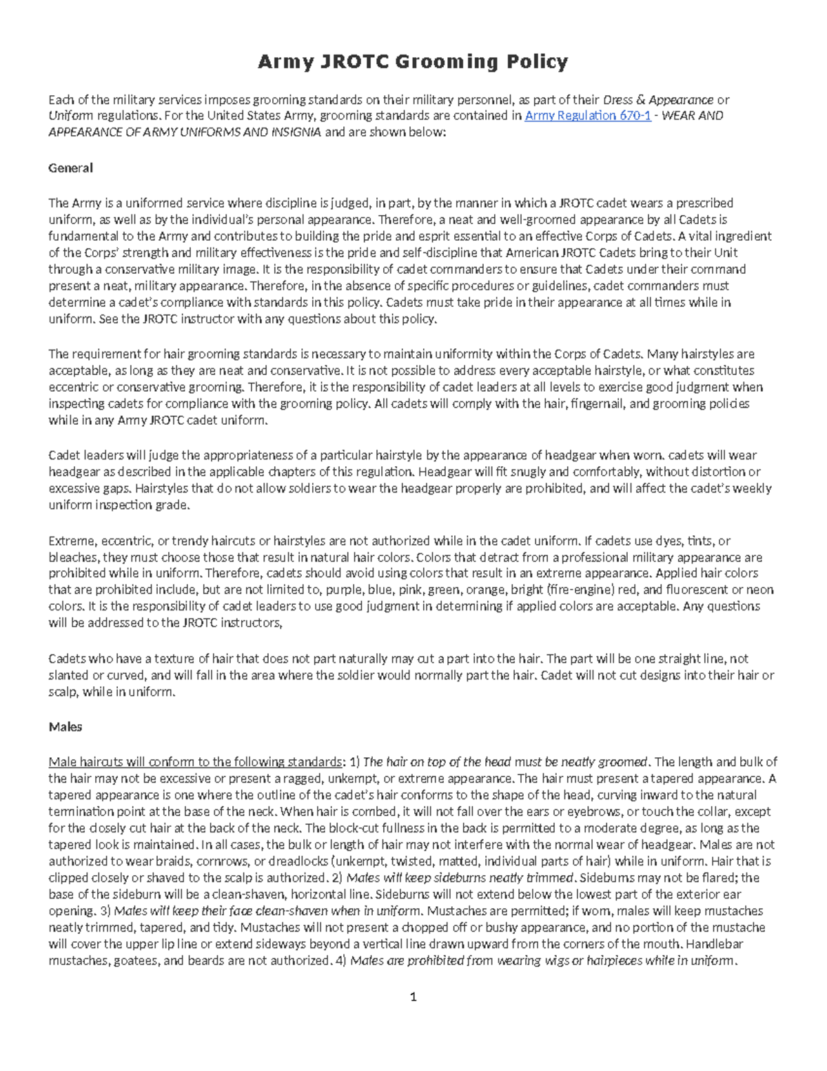 Army Jrotc Grooming Policy - Army JROTC Grooming Policy Each of the ...