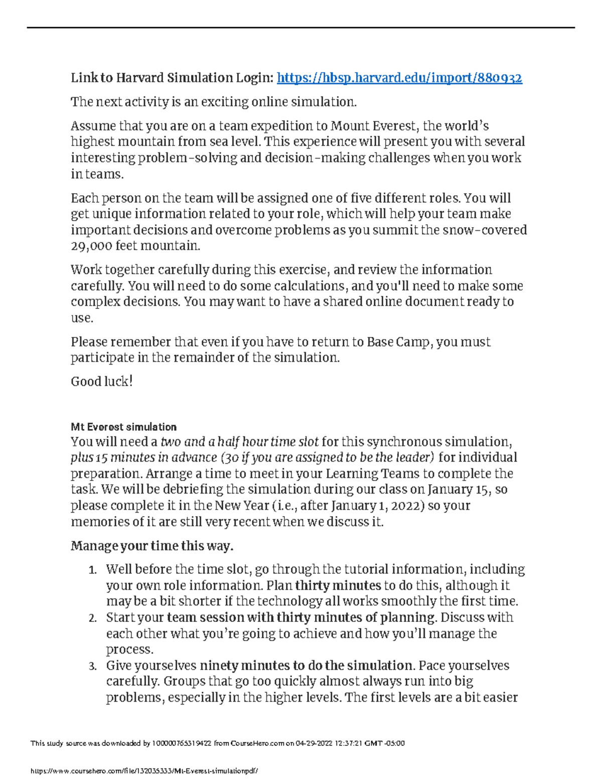 Mt Everest simulation - Link to Harvard Simulation Login: hbsp.harvard ...