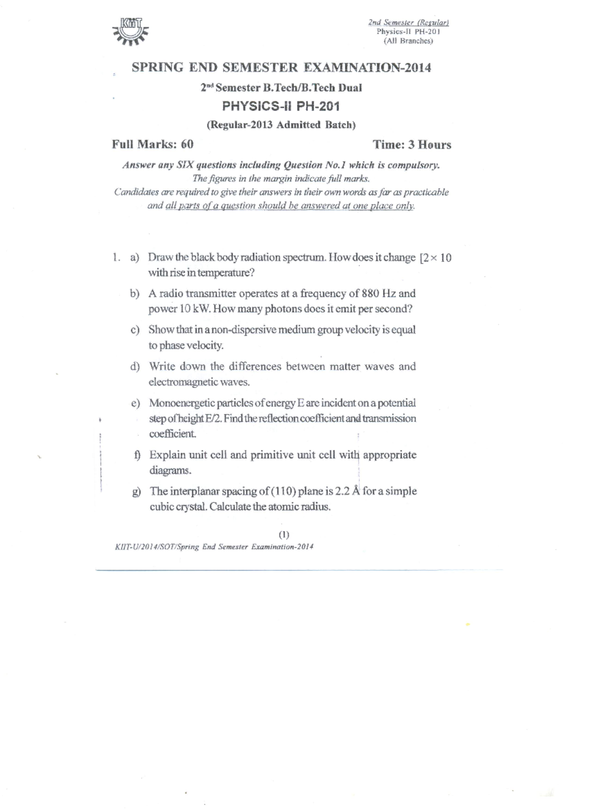 Physics-II PH-201- 2nd Sem (Reg 2013 ) 2014 - Physics - Studocu