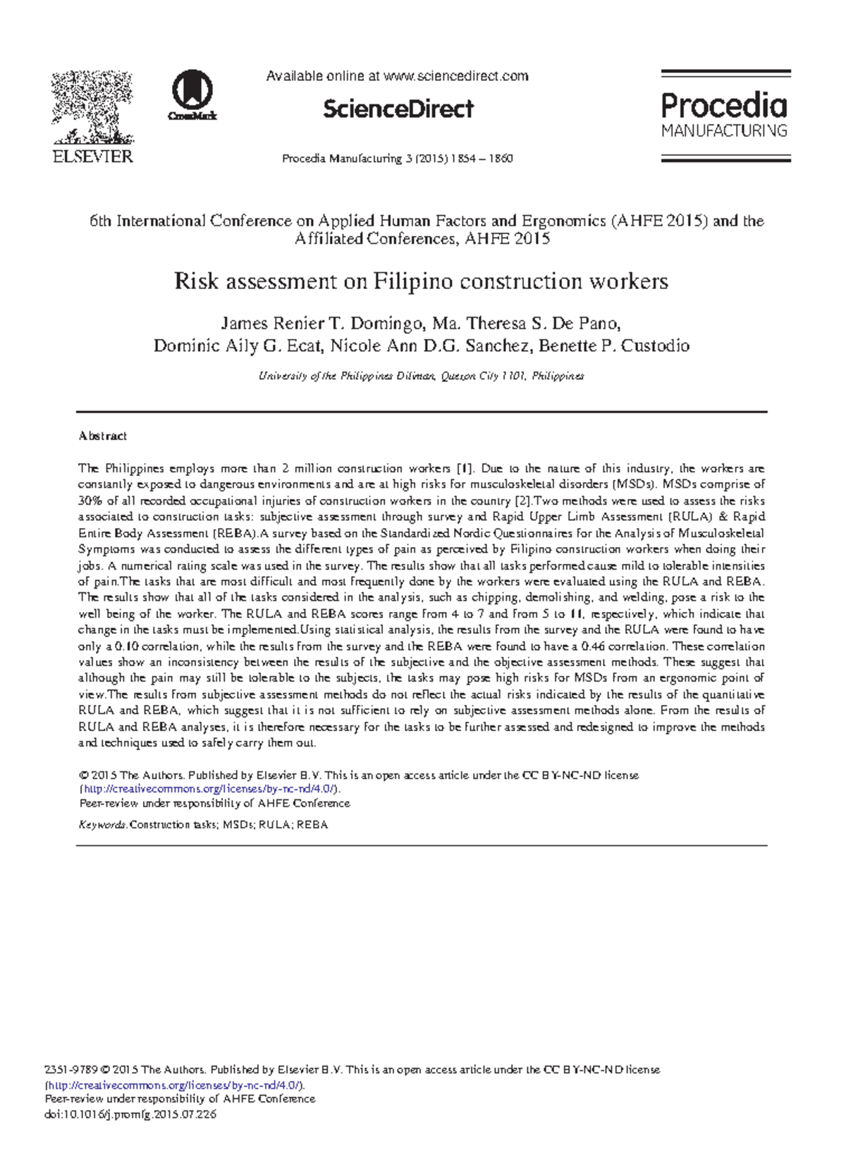 Risk assessment on filipino construction workers - 2351-9789 © 2015 The ...