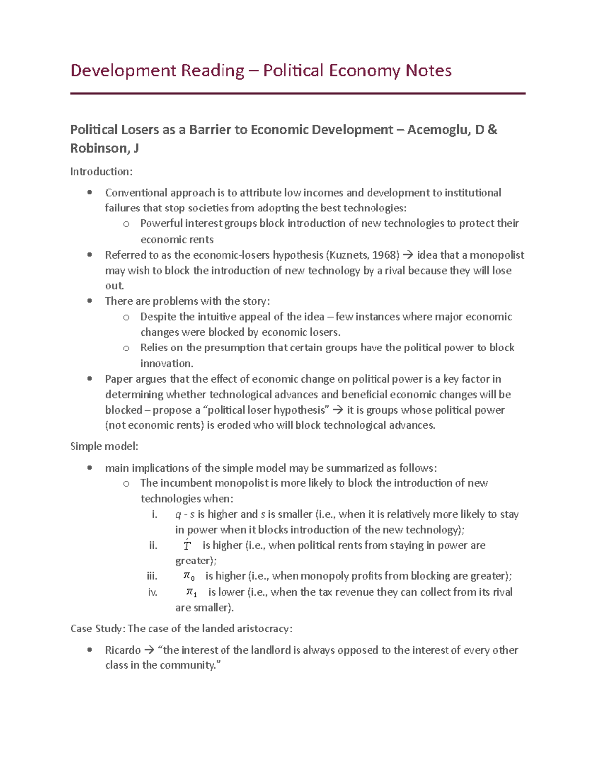 Political Economy readings summary notes - Development Reading ...
