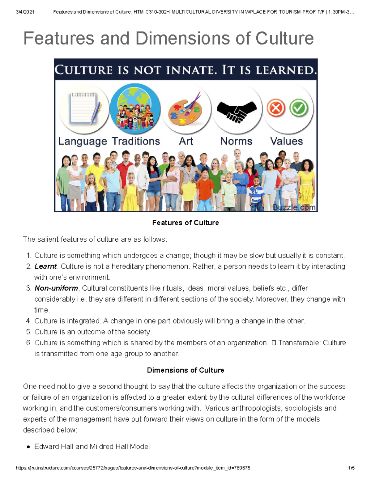 Features and Dimensions of Culture HTM C310-302H Multicultural ...