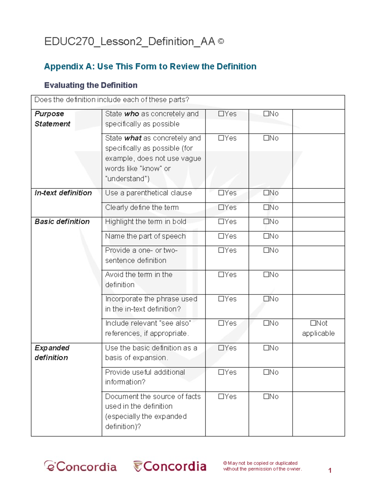 EDUC270 Lesson 2 Definition AA 2 - © May not be copied or duplicated ...