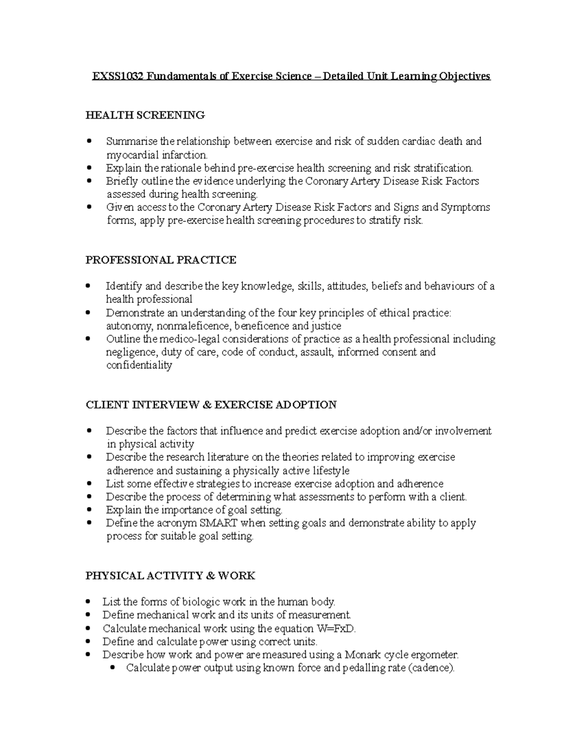 Learning objectives - EXSS1032 Fundamentals of Exercise Science ...