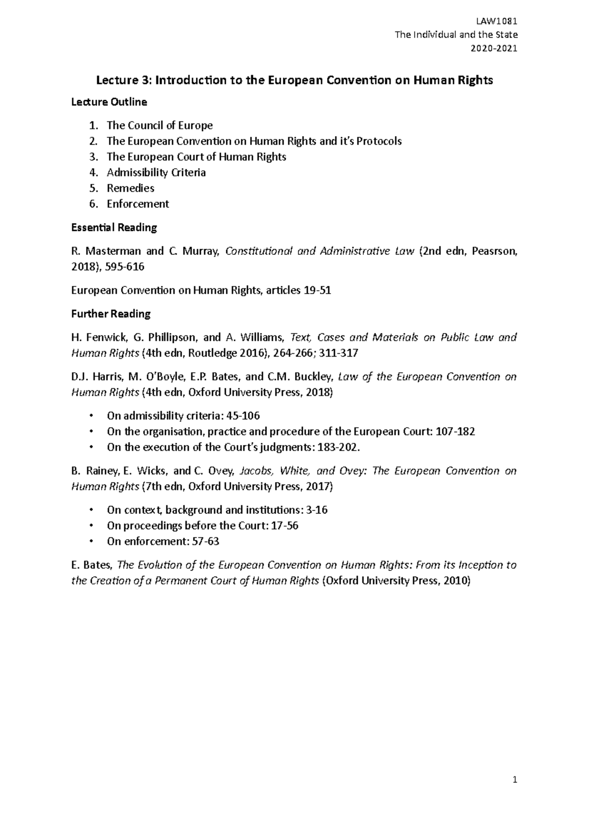 Lecture 3- Introduction to the European Convention on Human Rights ...