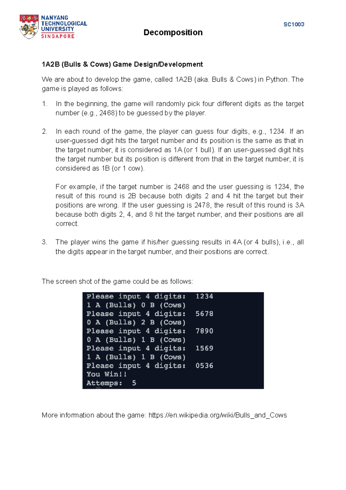 SC1003 Discussion #5 Q (Decomposition) - SC Decomposition 1A2B (Bulls & Cows) Game - Studocu