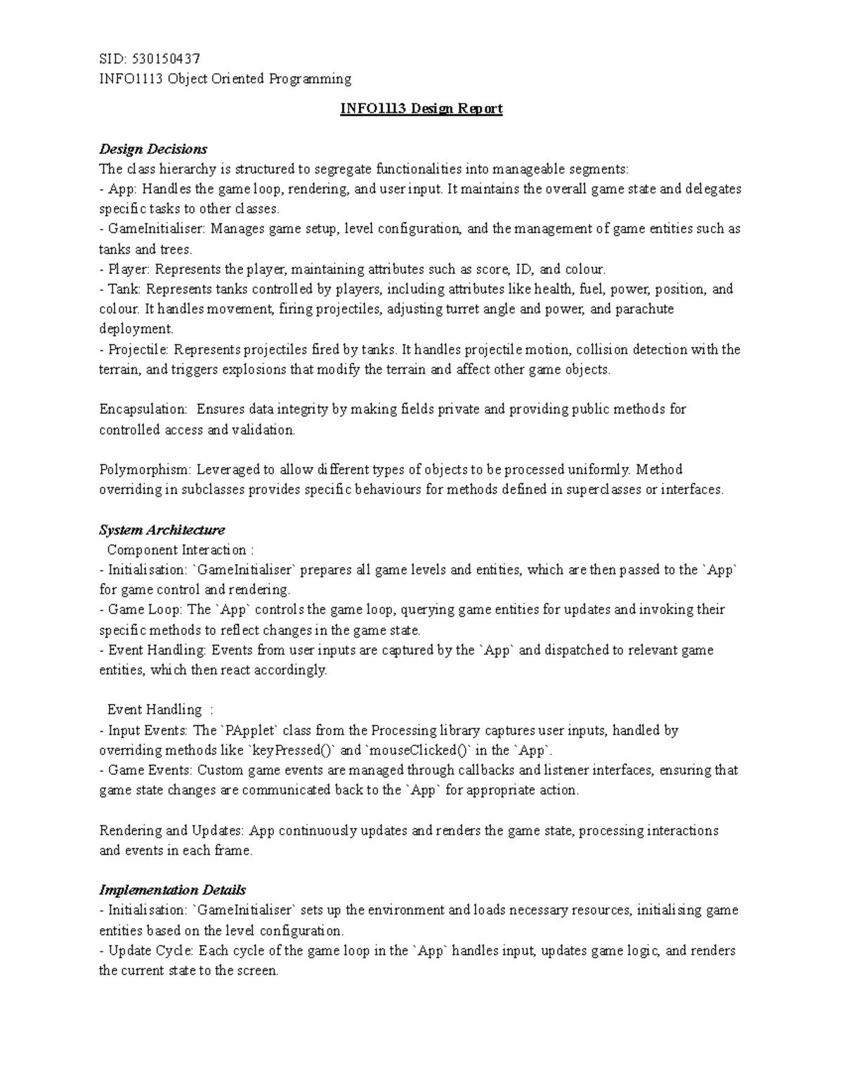 INFO1113 Design Report - SID: 530150437 INFO1113 Object Oriented Programming INFO1113 Design ...