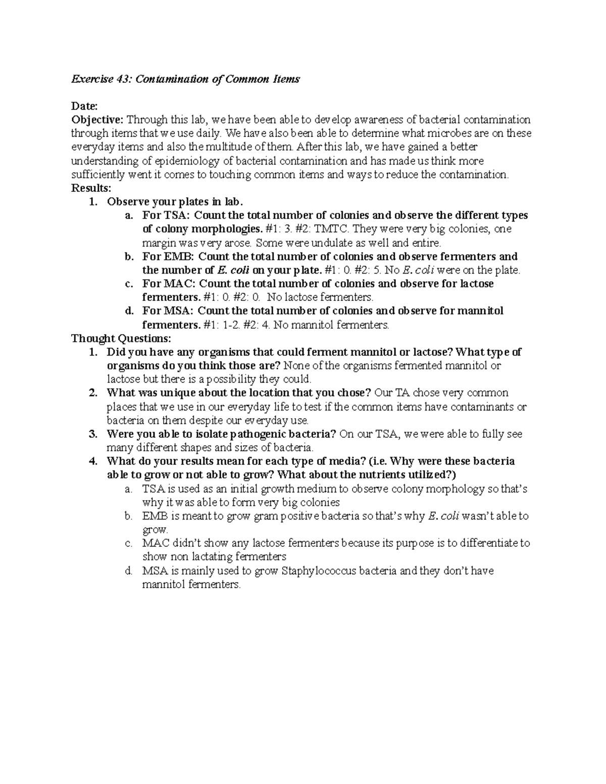 Exercise 43 - Dr. Randall Mark Jeter - Exercise 43: Contamination of ...