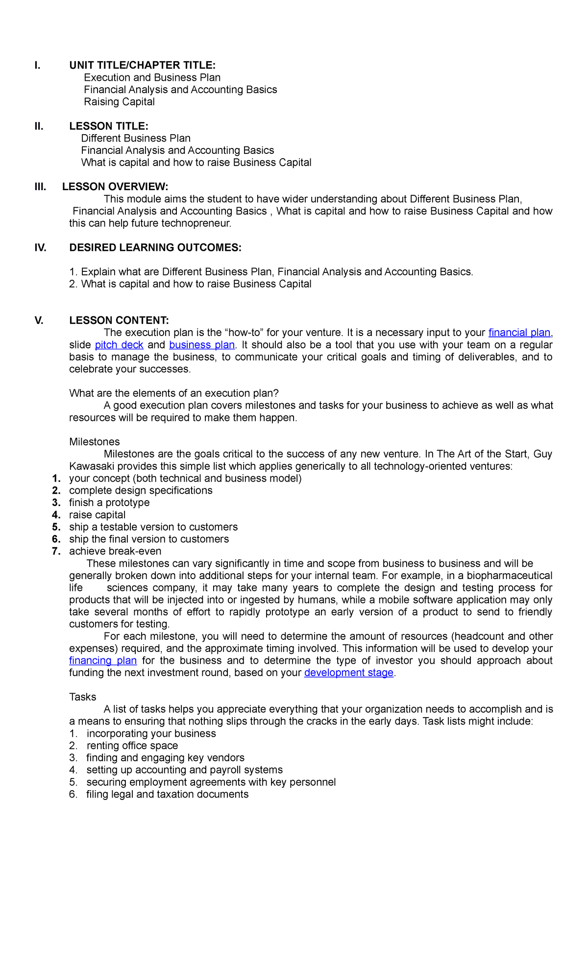 Execution and Business Plan - I. UNIT TITLE/CHAPTER TITLE: Execution ...