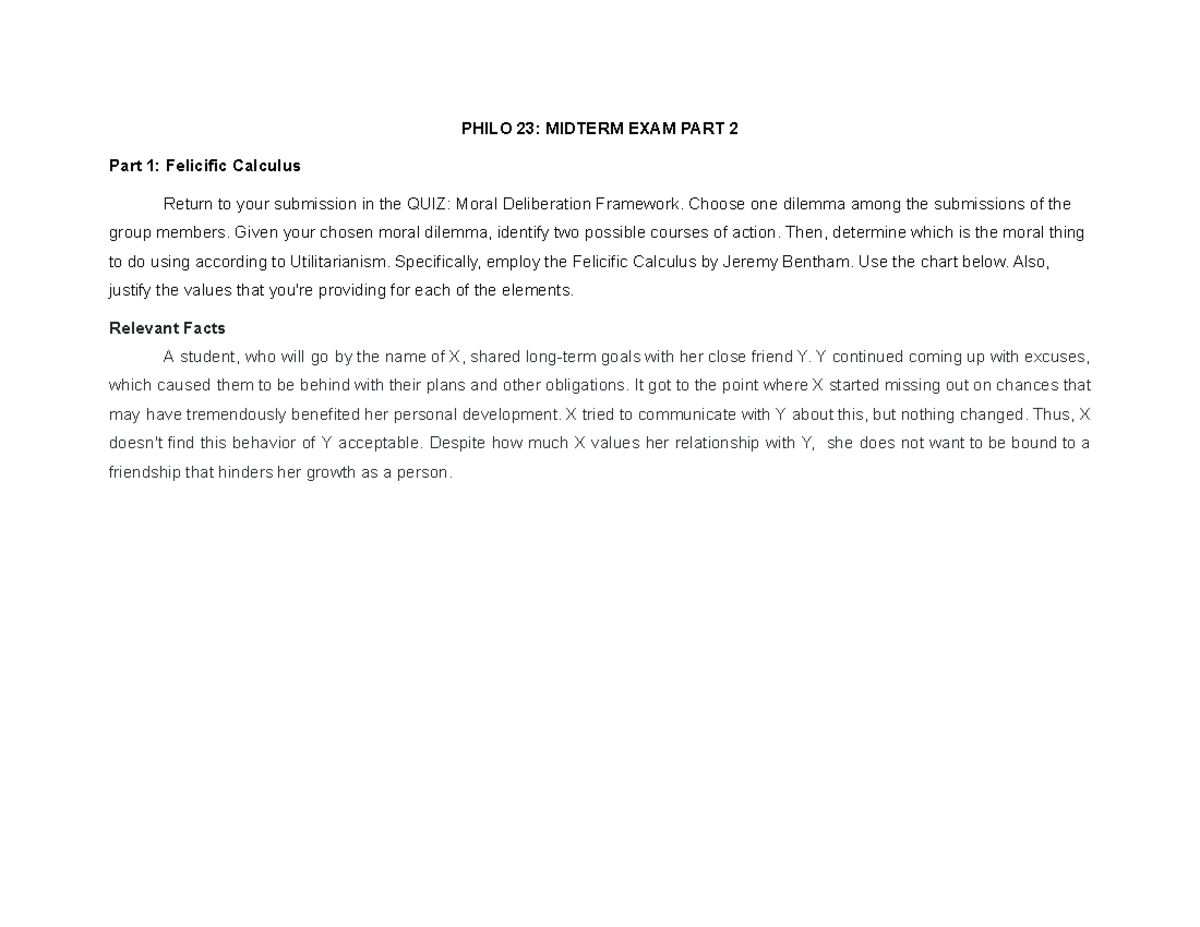 Application of the Felicific Calculus - PHILO 23: MIDTERM EXAM PART 2 ...