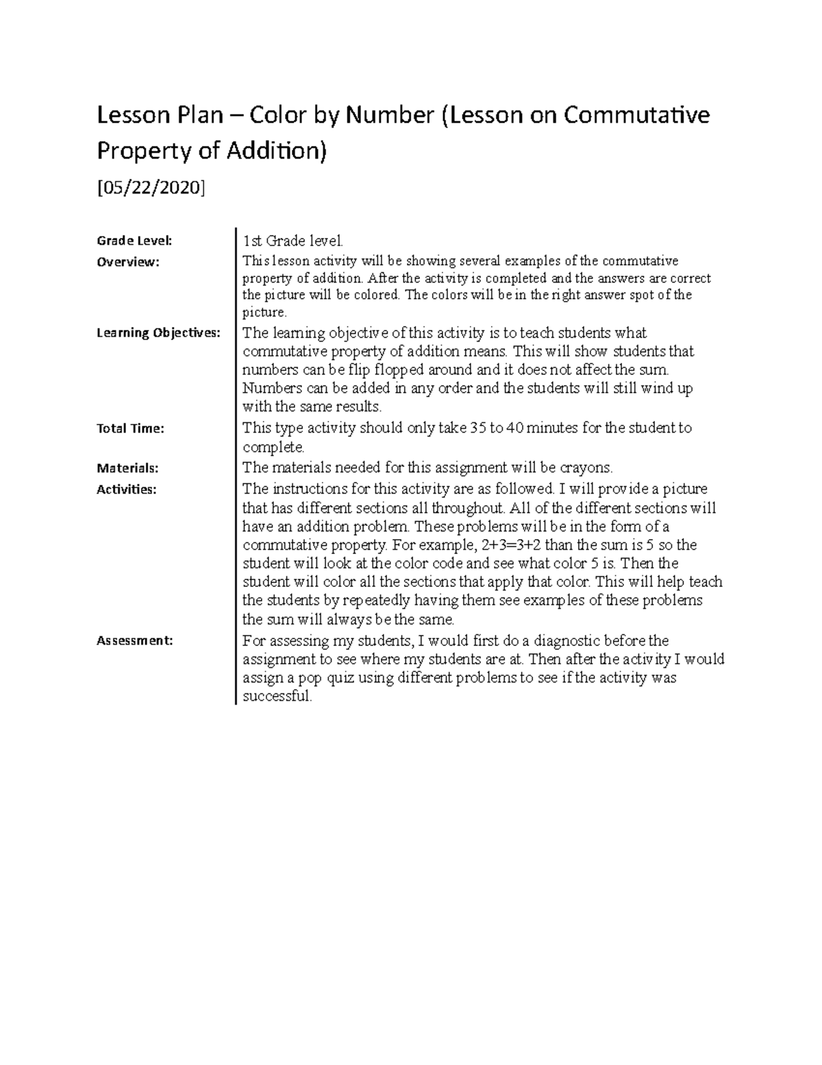 Lesson Plan ONE - Lesson Plan – Color by Number (Lesson on Commutative ...
