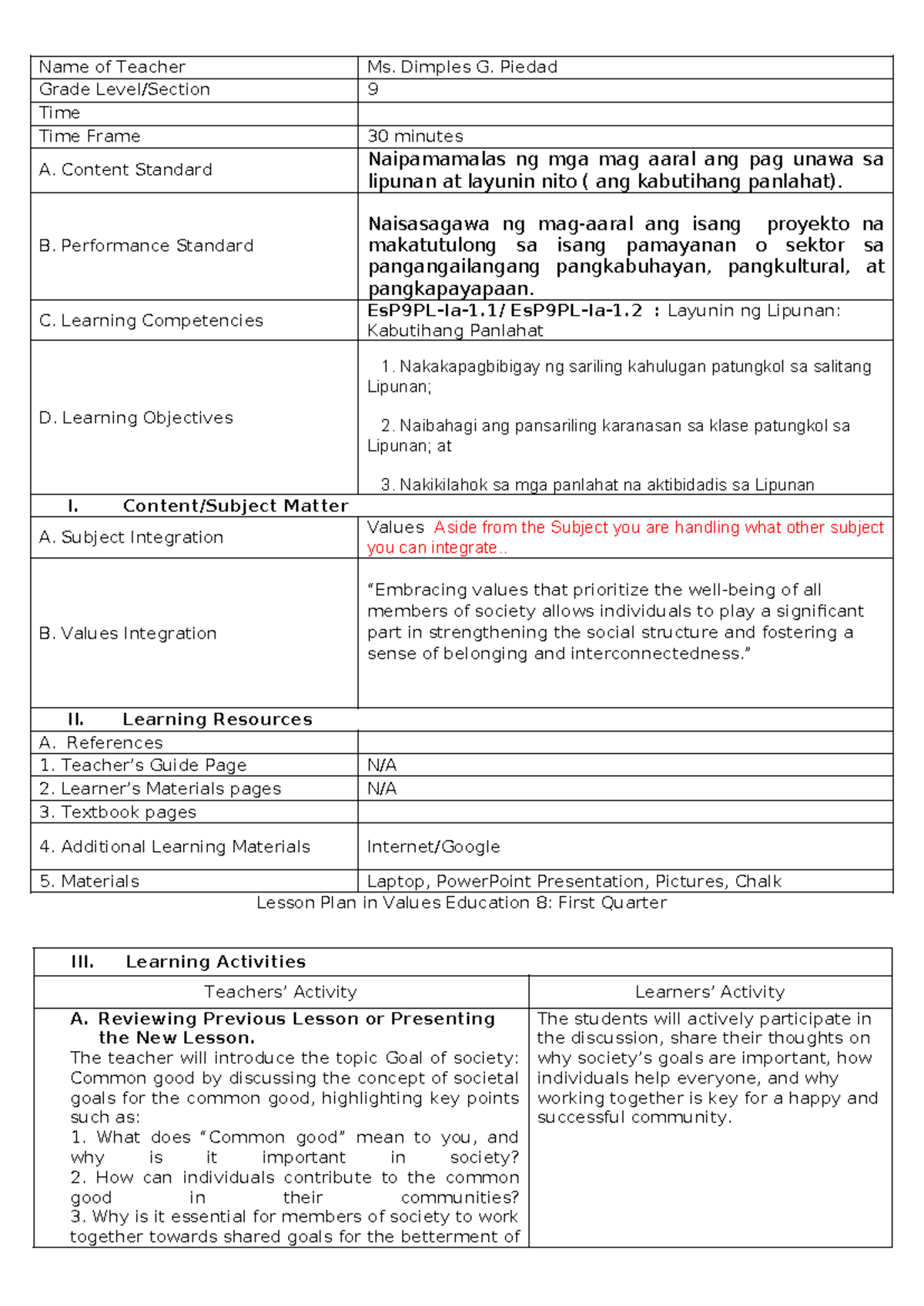 Lesson-plan Dimple Piedad - Name of Teacher Ms. Dimples G. Piedad Grade ...