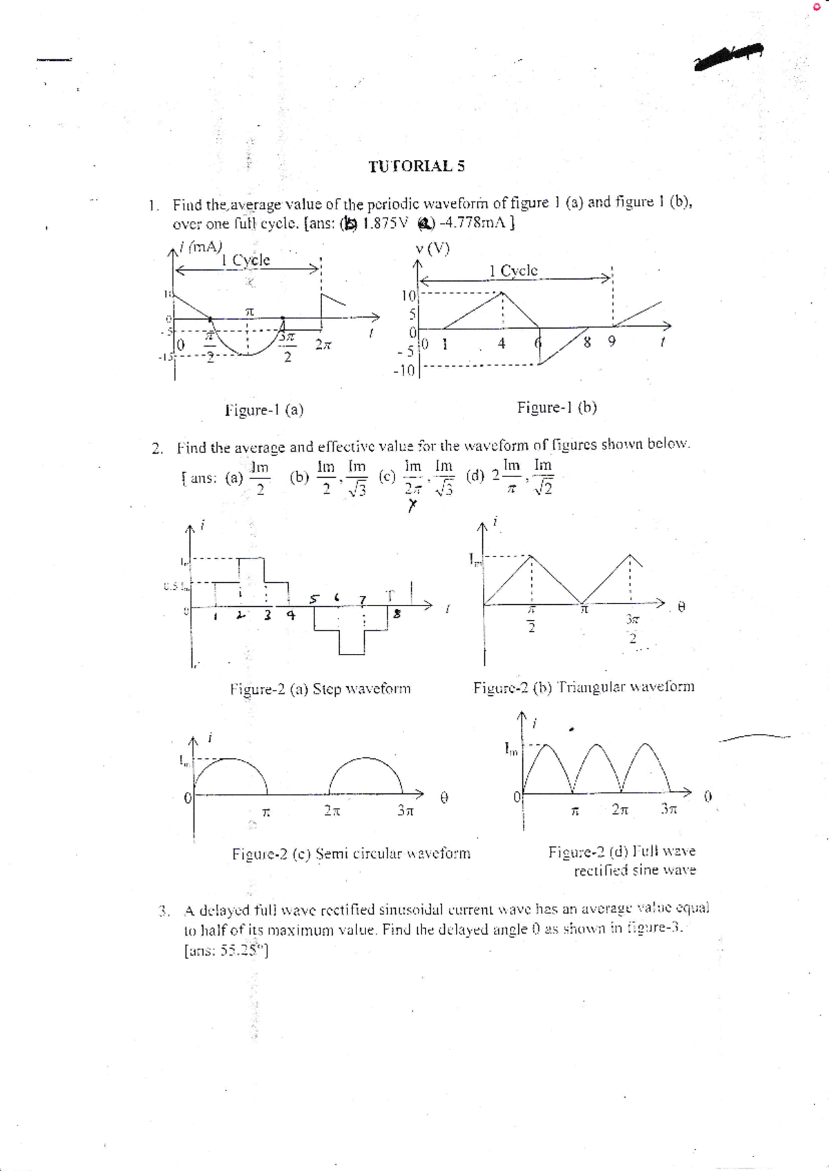 Basic Electrical Tutorial-5 - i. . . t:.: TUTORIAL 5 Find the,average value of the periodic ...