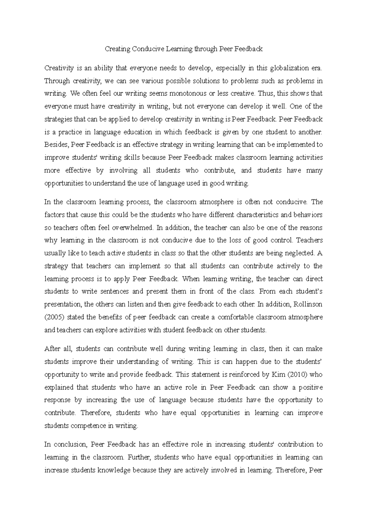 Creating Conducive Learning through Peer Feedback - Creating Conducive ...