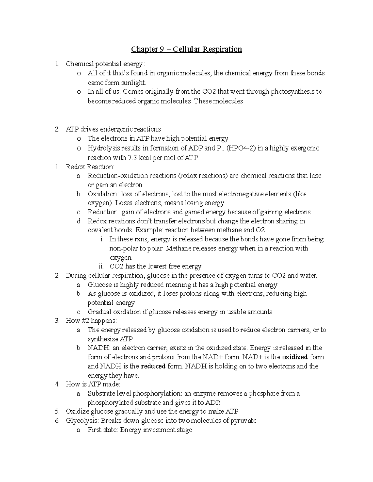 BIO 202- chapter 9 notes - Chapter 9 – Cellular Respiration Chemical ...