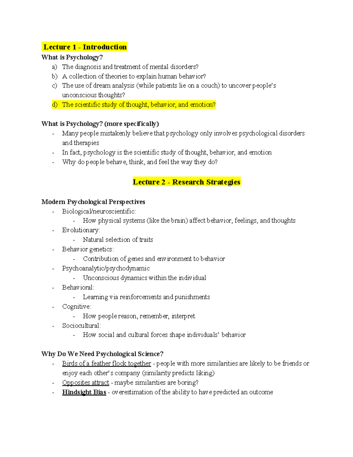 Professor Brynildsen Complete General Psychology Lecture Notes ...