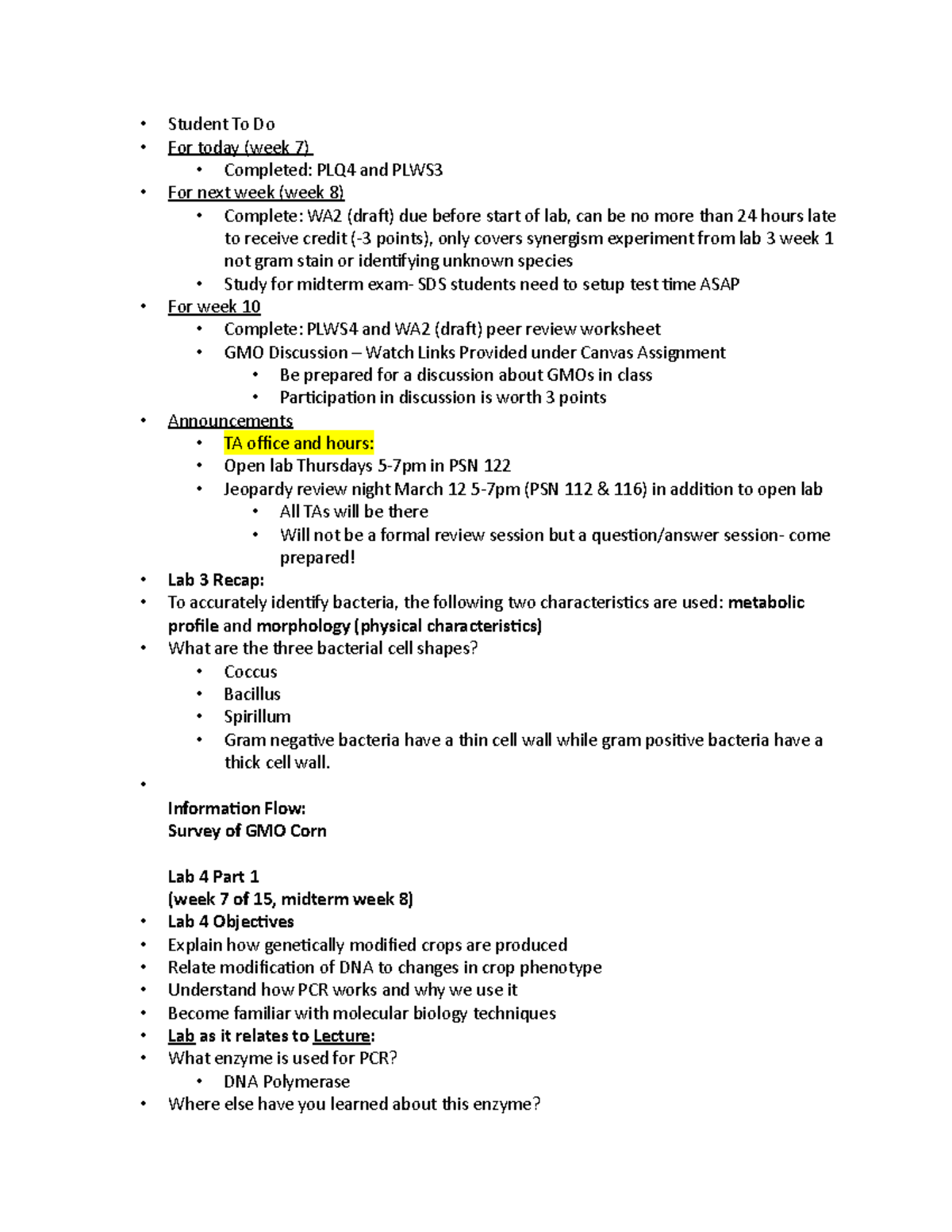 Week 7 Lab 4 - Lecture notes 7 - Student To Do For today (week 7 ...