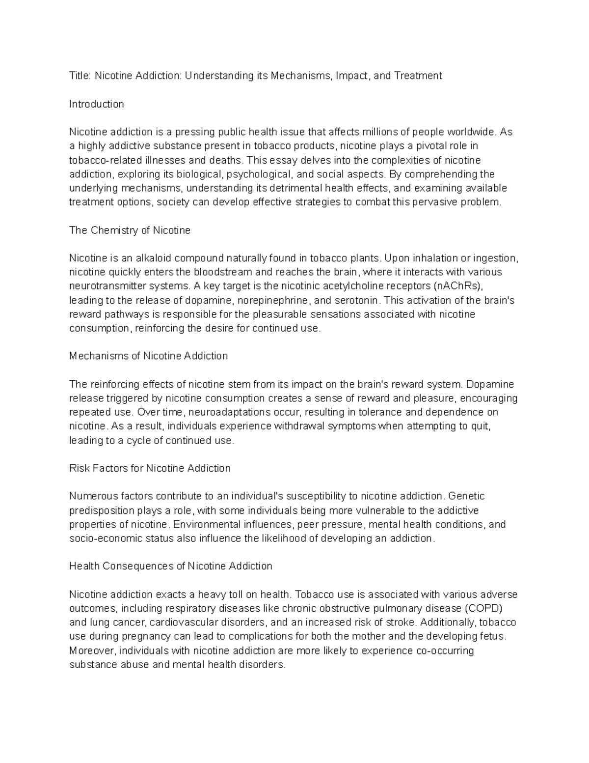 Title Nicotine Addiction Understanding its Mechanisms, Impact, and ...