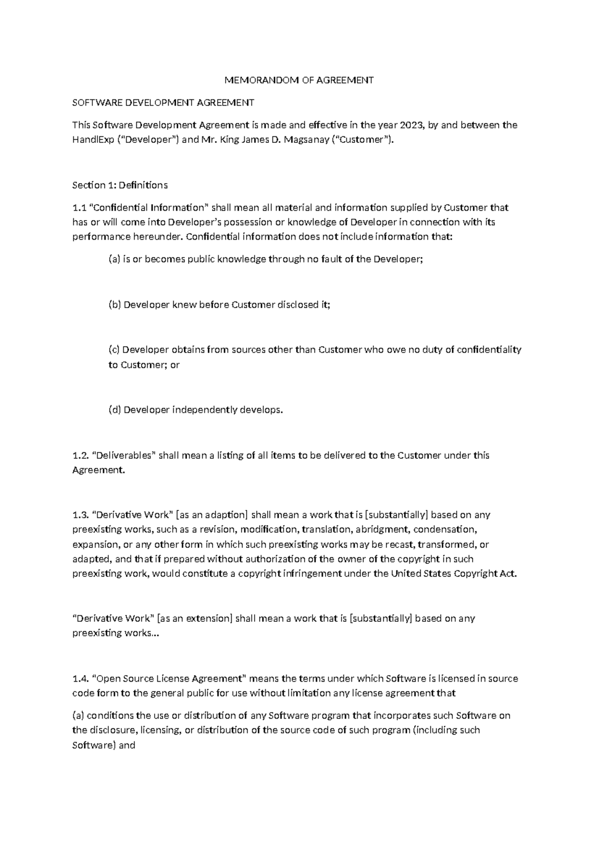 Memorandom OF Agreement - MEMORANDOM OF AGREEMENT SOFTWARE DEVELOPMENT ...