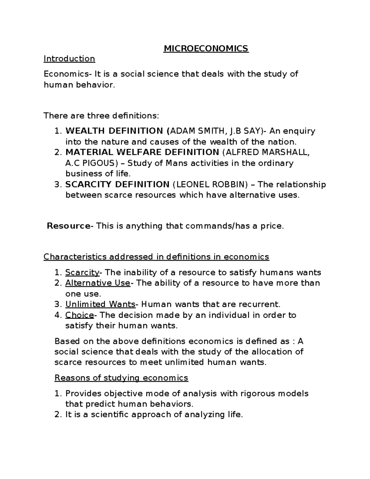 Microeconomics lecture 1 - MICROECONOMICS Introduction Economics- It is ...