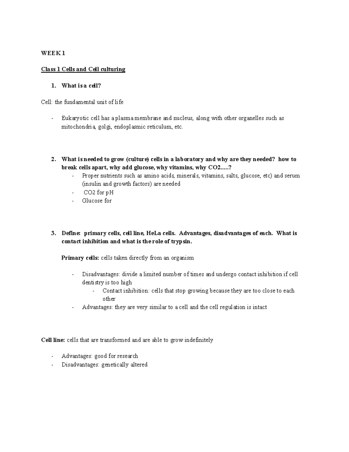Cell bio class outcomes - WEEK 1 Class 1 Cells and Cell culturing 1 ...